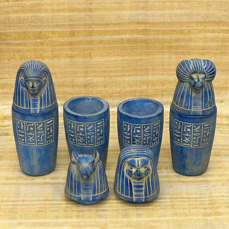 Egyptian Canopic Jars - 4 Handmade Blue Stone Spiritual Containers ...